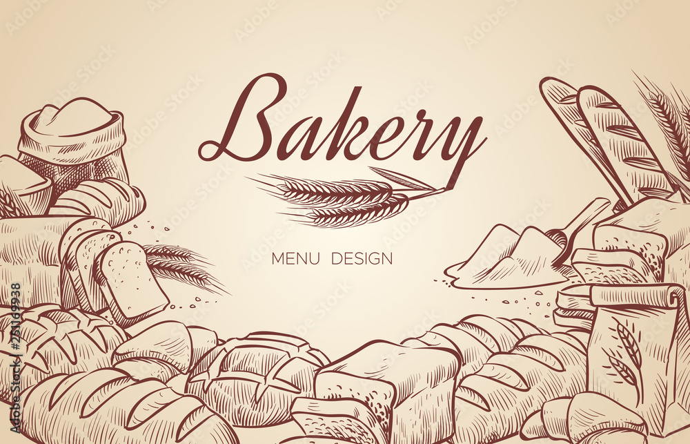 Bakery background. Hand drawn cooking bread bakery bagel breads pastry ...