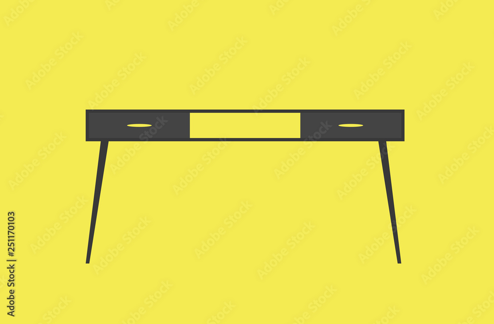 Cartoon picture of desk, table. Vector illustration. Yellow background ...