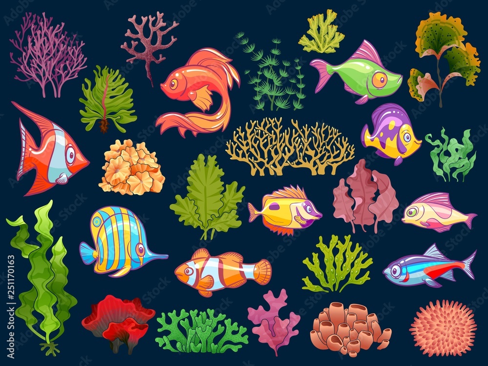 Cute kid underwater set. Aquarium baby fish and seaweed in water for ...