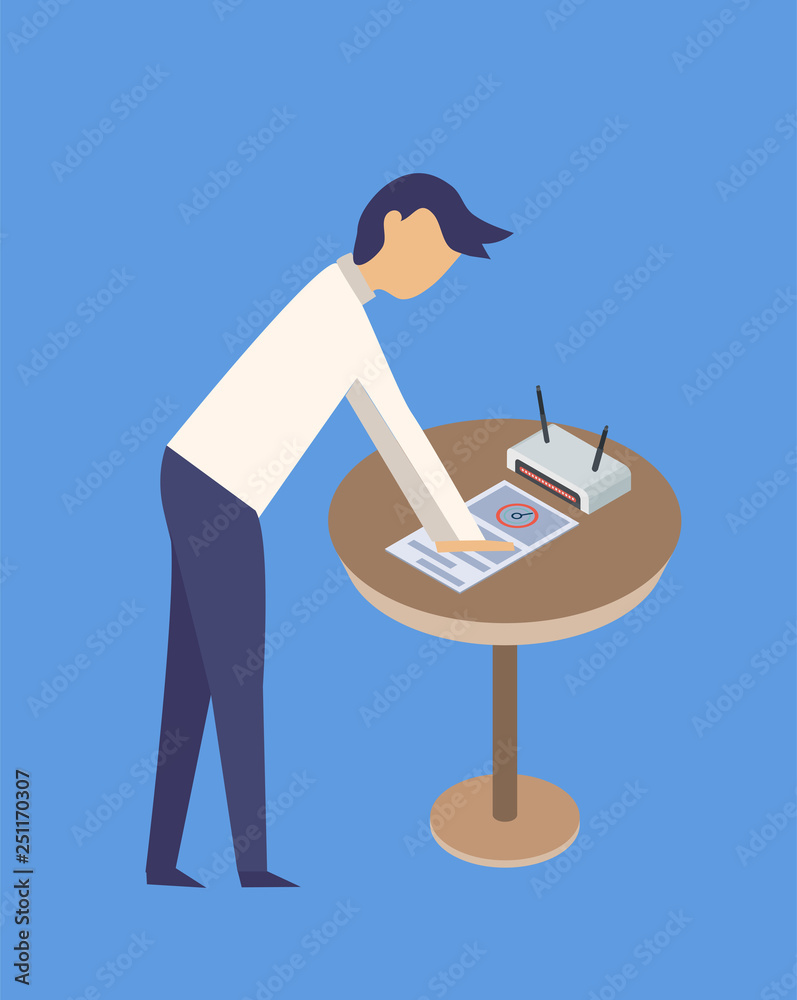 Cartoon picture of man and configures internet router. Vector ...