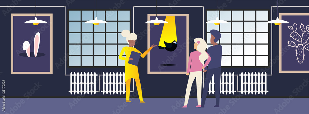 Cartoon picture of picture gallery, loft room, office with dark, grey ...