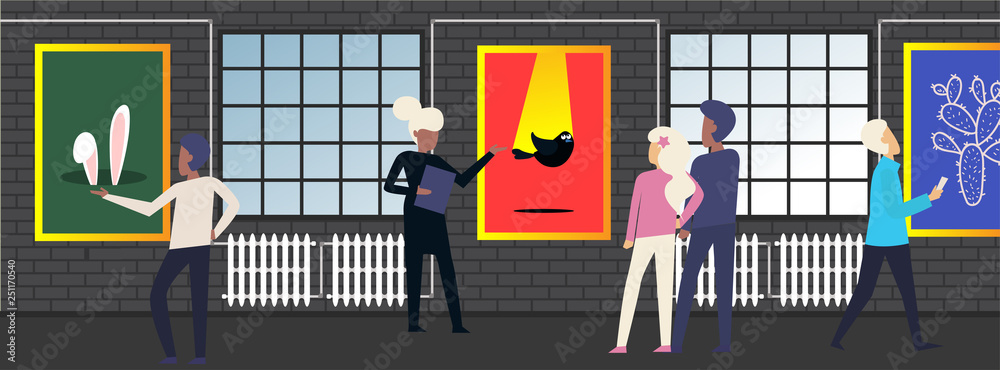 Cartoon picture of picture gallery, loft room, office with dark, grey ...