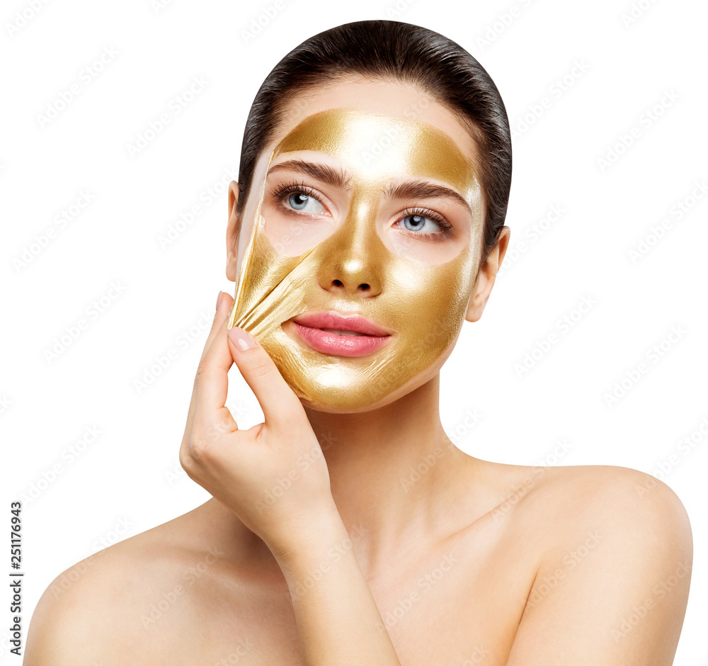 Woman Gold Mask, Beautiful Model Removing Golden Facial Skin Cosmetic ...