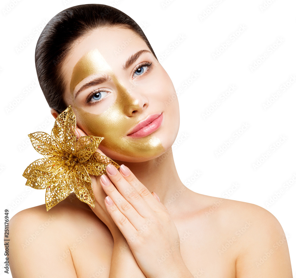 Woman Gold Mask, Beautiful Model Golden Facial Skin Cosmetic, Colored ...