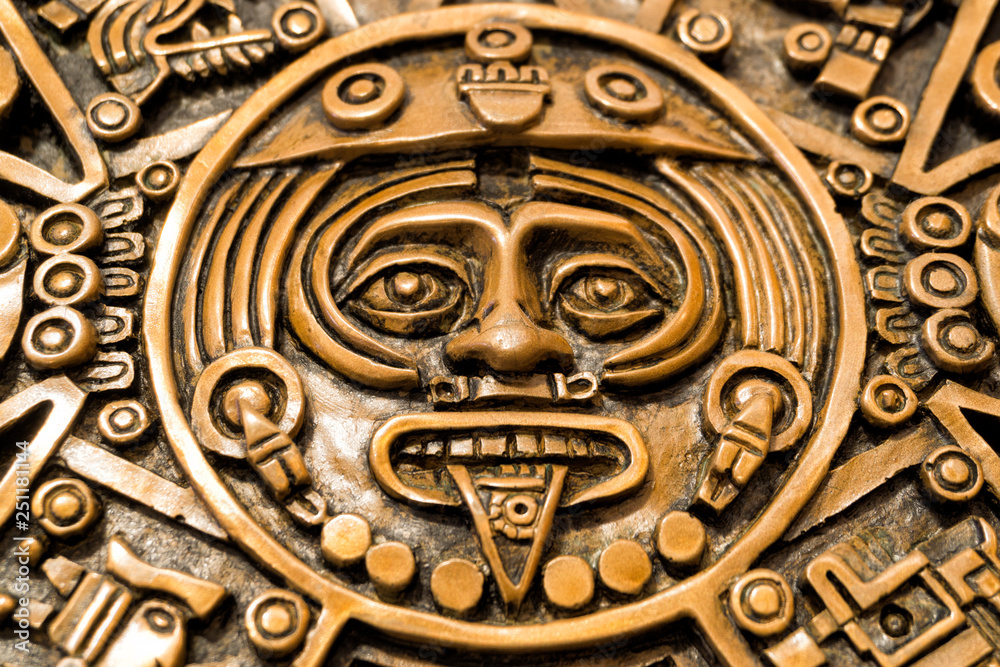 Central disk of the Aztec sun stone or Aztec calendar, with the face of ...