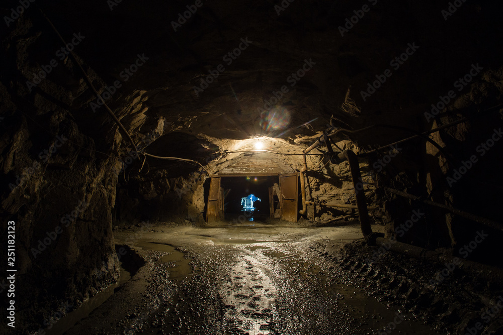 Underground gold ore mine shaft tunnel gallery passage with gate Stock ...