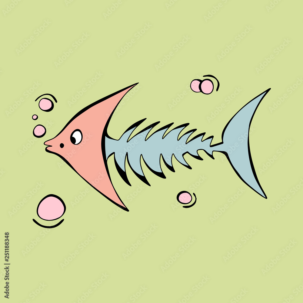 Cartoon style vector illustration - blue fish skeleton with pink ...