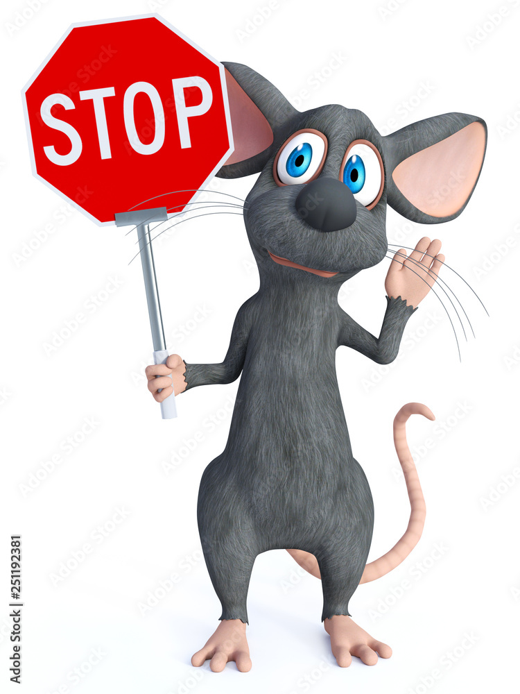 3D rendering of a cartoon mouse holding stop sign. Stock Illustration ...