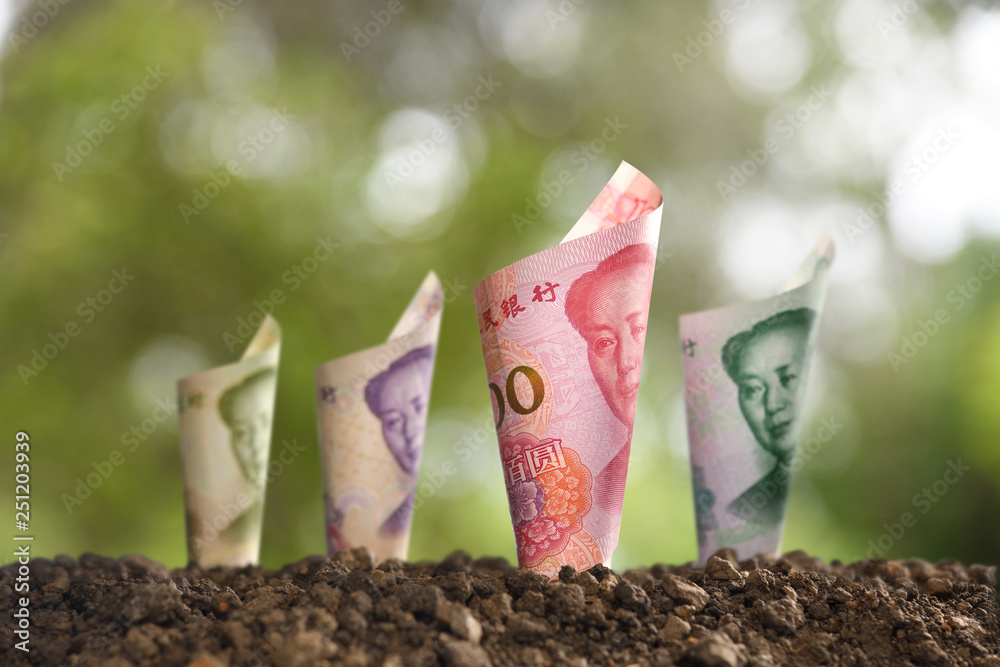 Image of rolled bank notes on soil for business, saving, growth ...