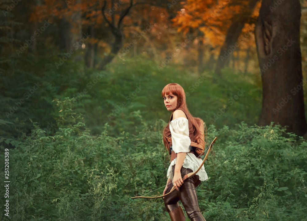image of forest hunter, attractive girl with long red hair in white ...