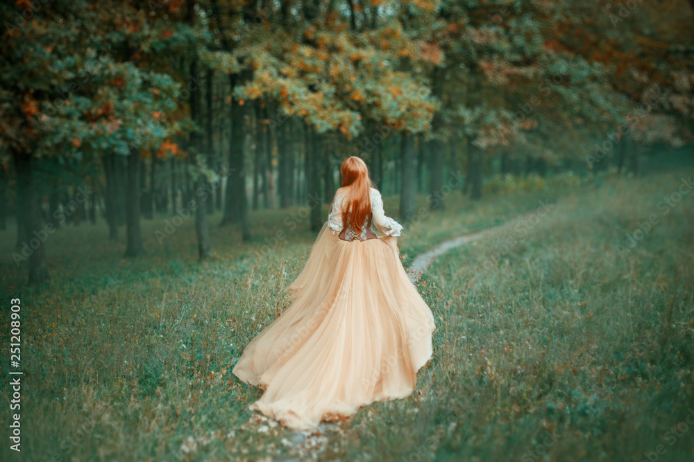 mysterious lady in long light expensive luxury dress with long trailing ...