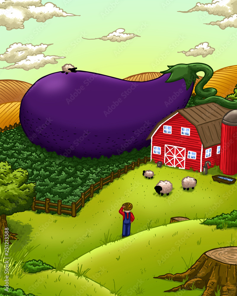 2d cartoon style illustration of a super farm with huge and juicy ...