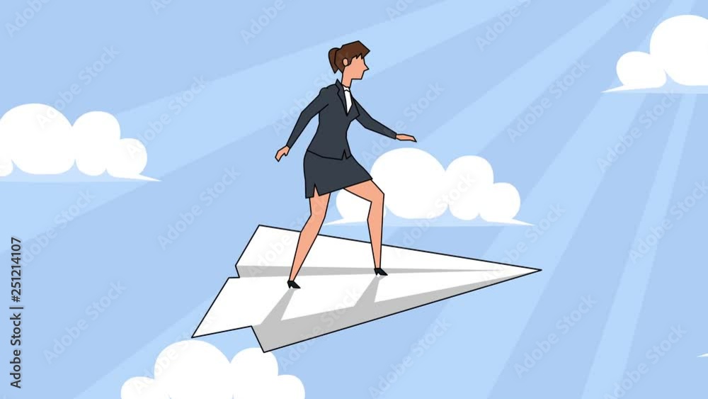 Flat cartoon businesswoman character flying on paper airplane animation ...