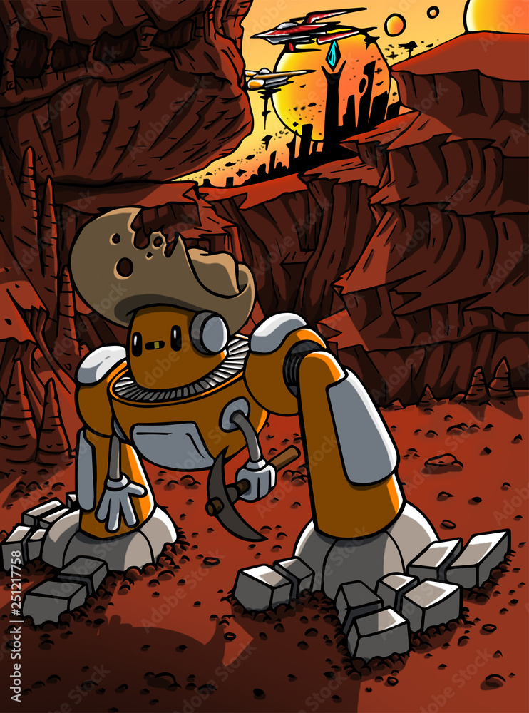 2d cartoon style illustration of miner mechanoid mining in desert ...