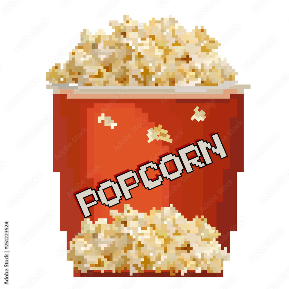 Popcorn icon. Pixel art style. Fast food at the cinema. 8-bit. Isolated vector illustration. Old ...