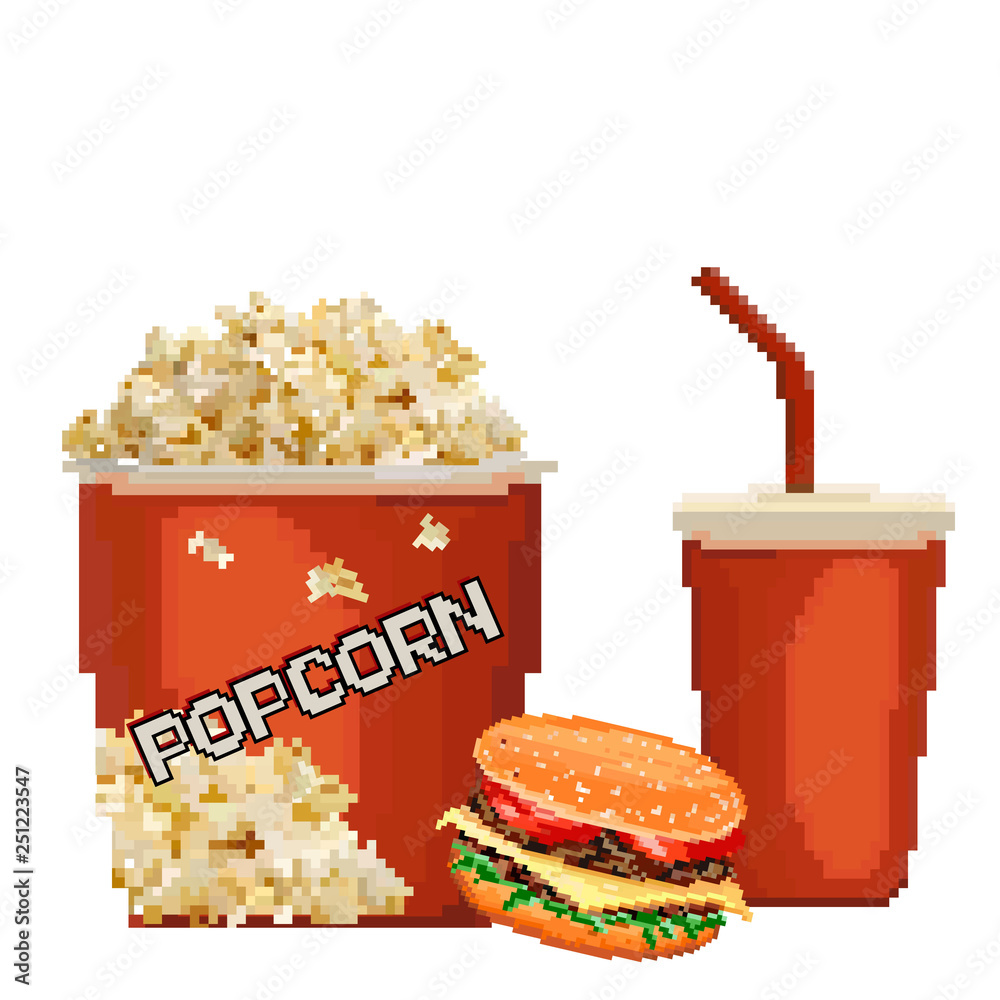 Popcorn icon. Pixel art style. Fast food at the cinema. 8-bit. Isolated ...