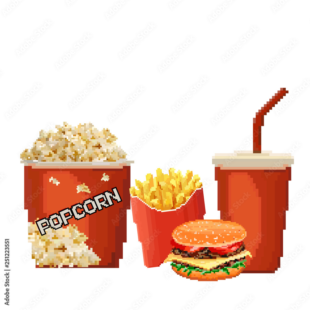 Popcorn icon. Pixel art style. Fast food at the cinema. 8-bit. Isolated ...