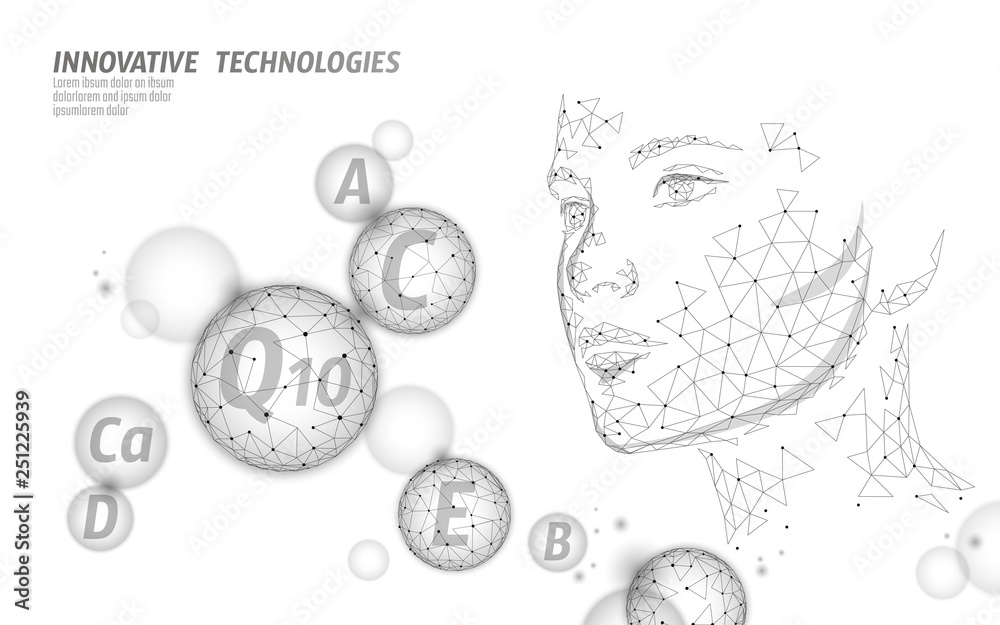 Healthy skin vitamin complex low poly sphere bubble. Health supplement ...