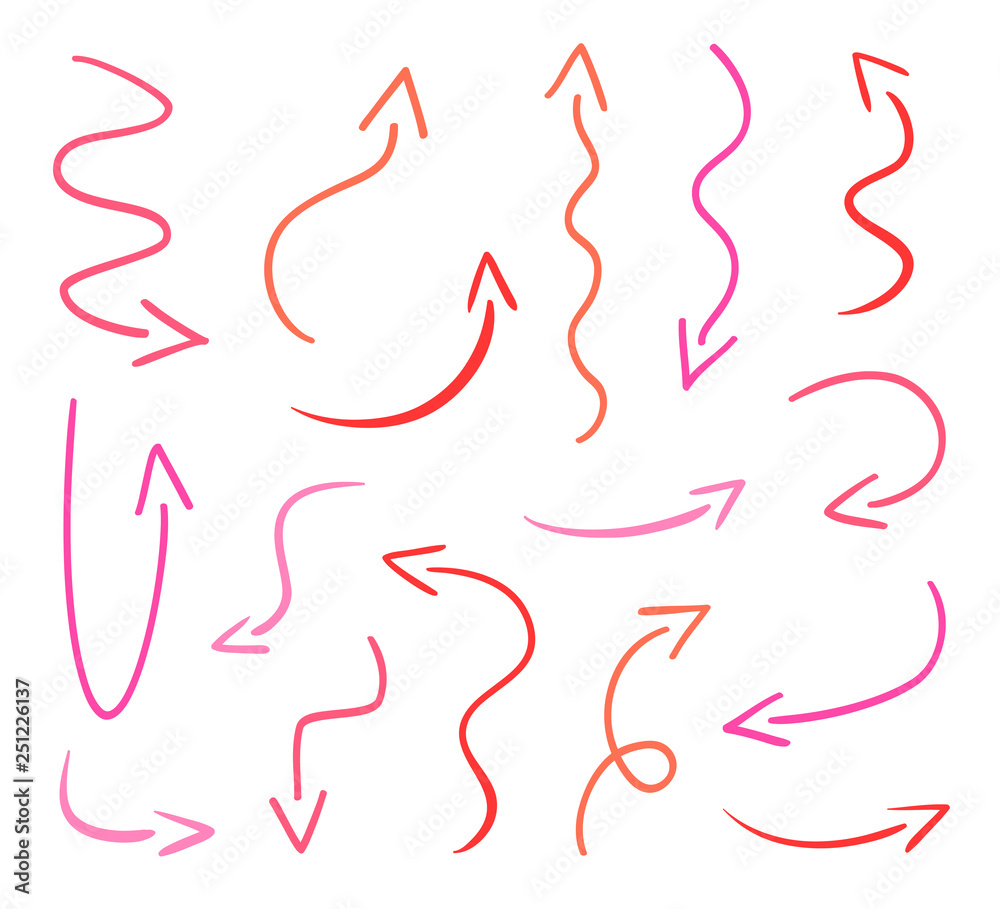 Hand drawn colored arrows on white. Abstract pointers. Line art ...
