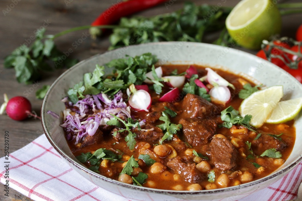Beef Pozole with chickpeas. festive Mexican rich soup. Stock Photo ...