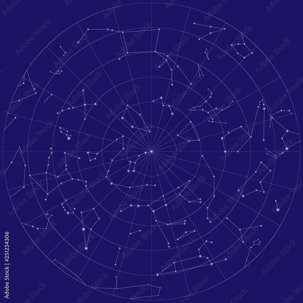 Northern hemisphere sky map vector design. Constellations of northern ...