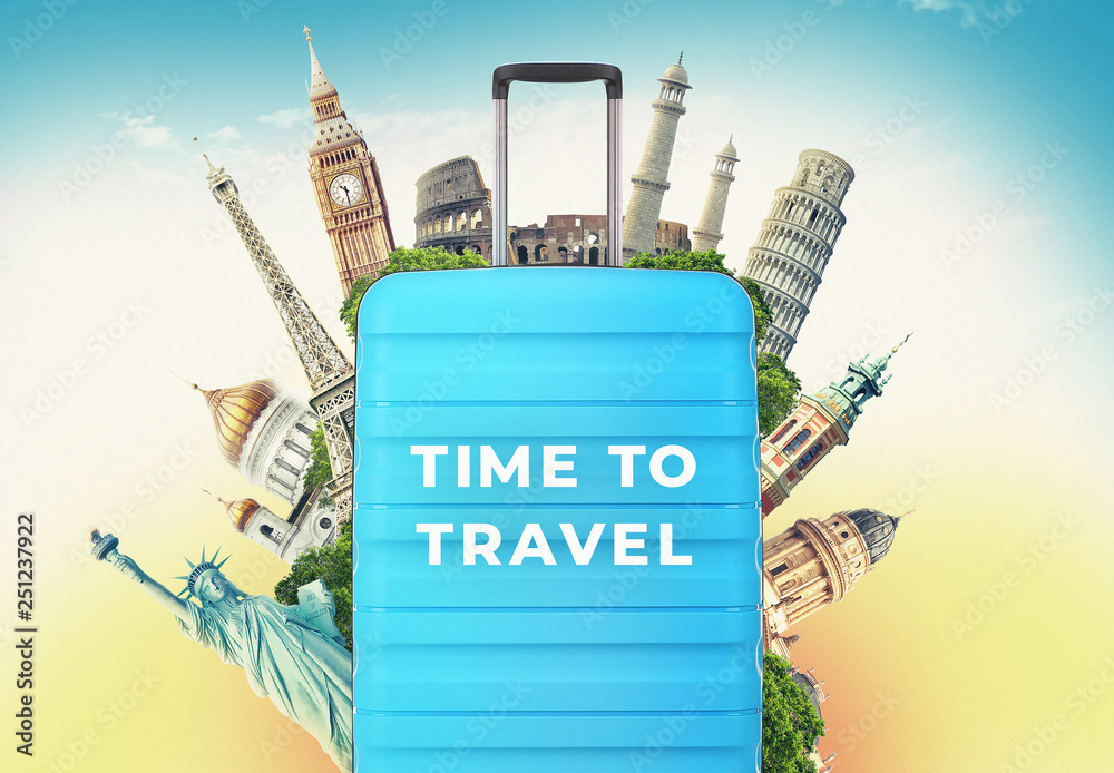 Plastic travel bag with world's famous landmarks and tourist ...