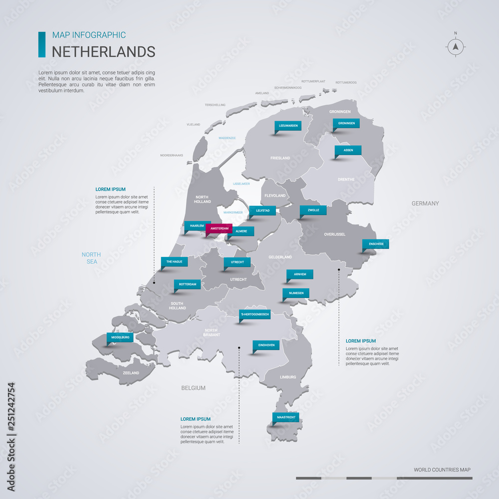 Netherlands vector map with infographic elements, pointer marks. Stock ...
