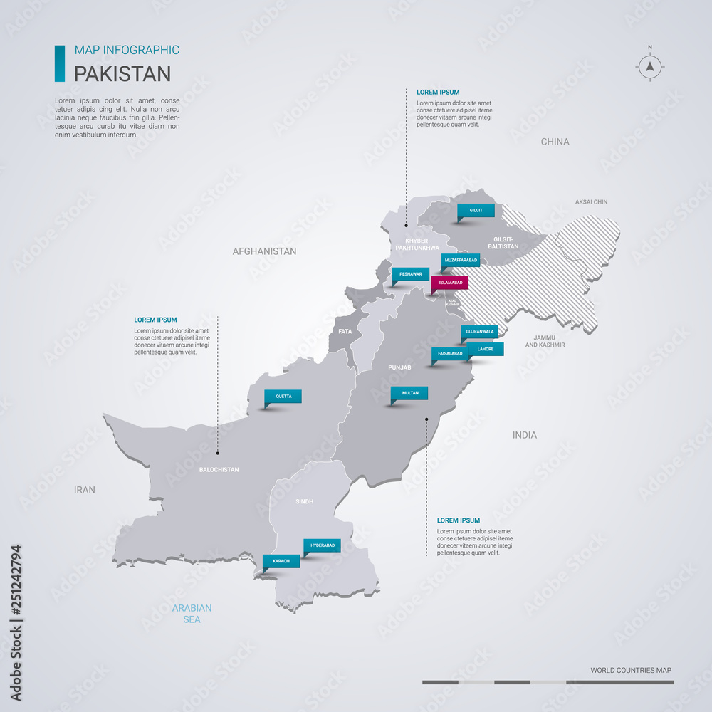 Pakistan vector map with infographic elements, pointer marks. Stock ...