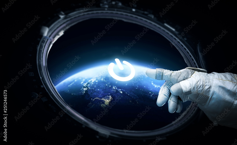 Astronaut click on power button on hud display in the porthole. Earth ...