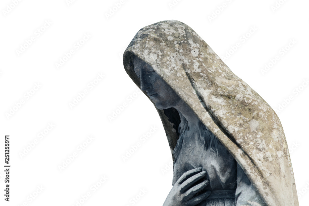 Antique statue of Virgin Mary in profile. Vintage sculpture of sad ...