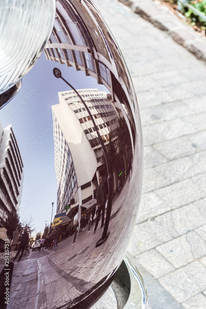 Reflection of a street building on a purple, polished old car, nice ...