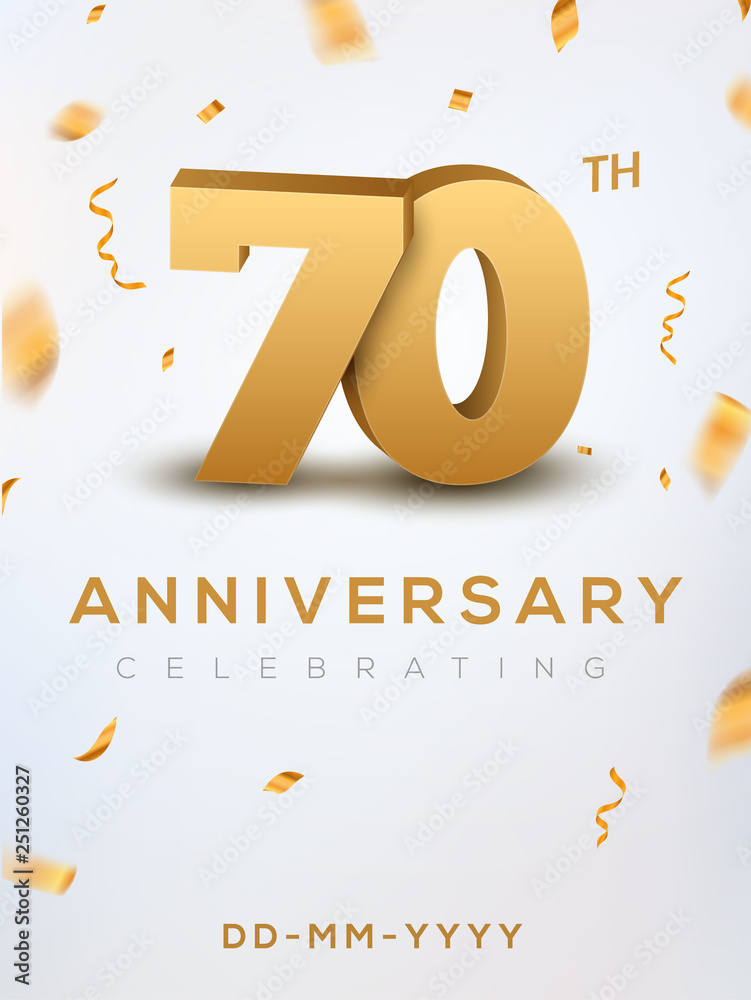 70 Anniversary gold numbers with golden confetti. Celebration 70th ...