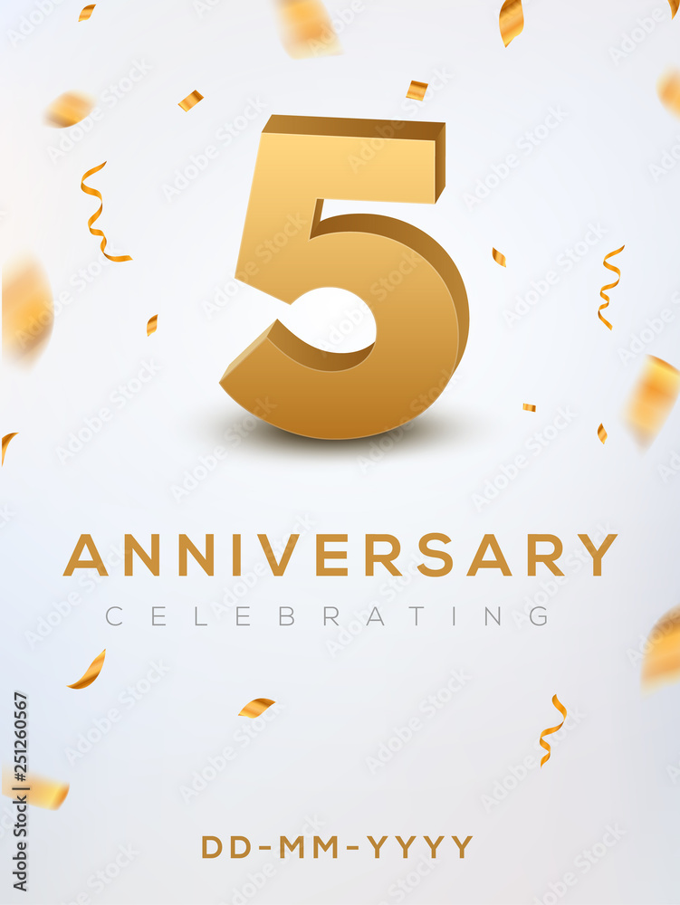 5 Anniversary gold numbers with golden confetti. Celebration 5th ...