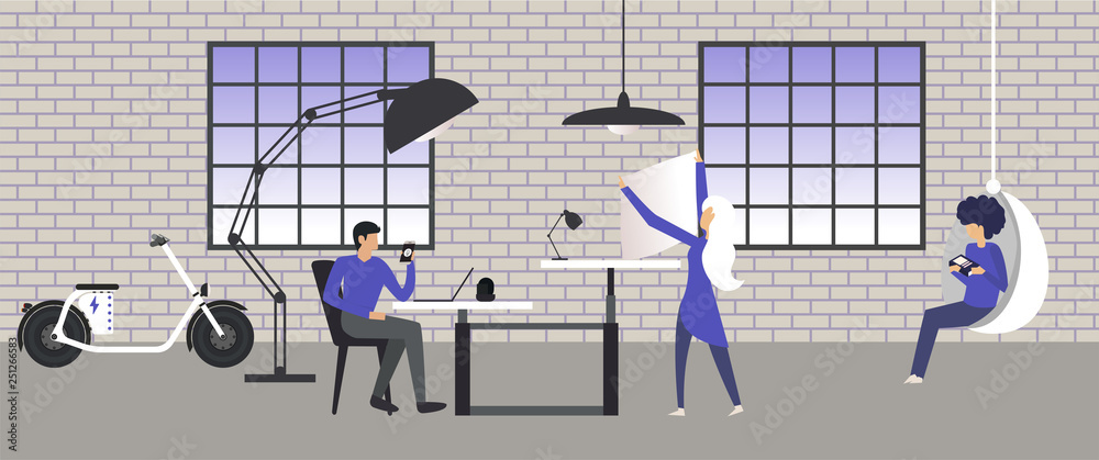 Cartoon picture of business people working in teamwork concept, open ...