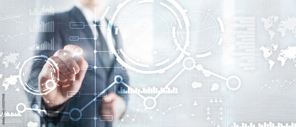 Business interface mixed media double exposure financial chart graph ...