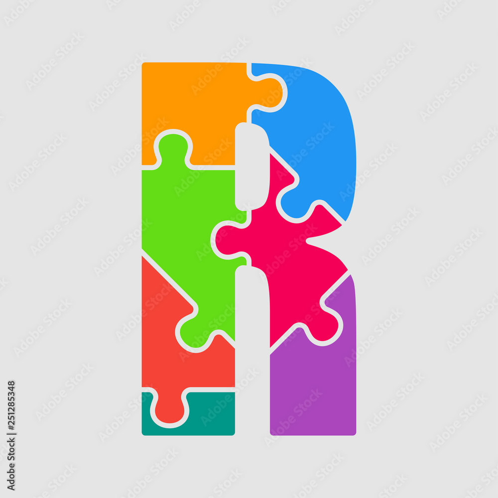 Vector jigsaw font colour puzzle piece letter - R. Stock Vector | Adobe ...