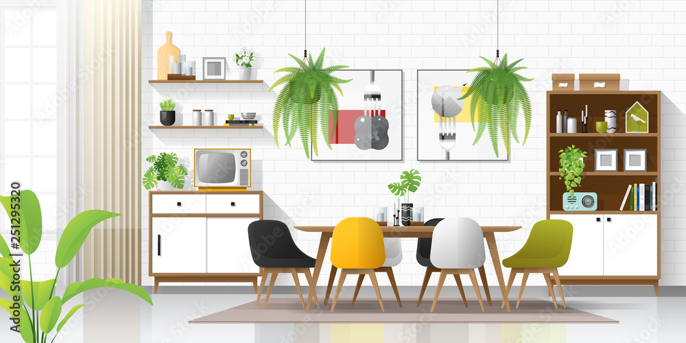 Interior background with modern dining room , vector , illustration ...