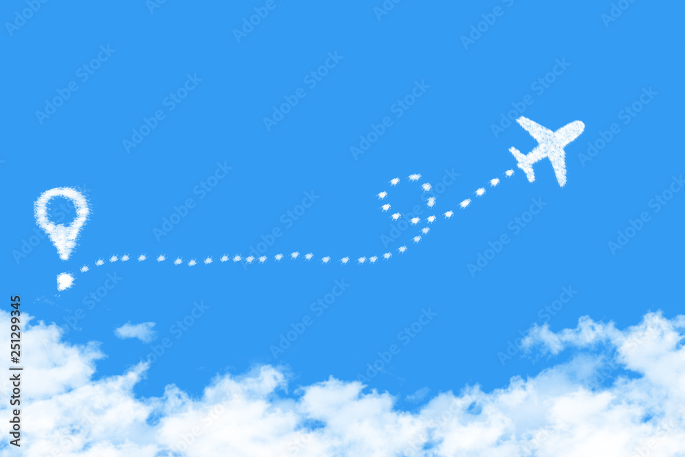 plane shape clouds flight route with start point and dash line trace ...