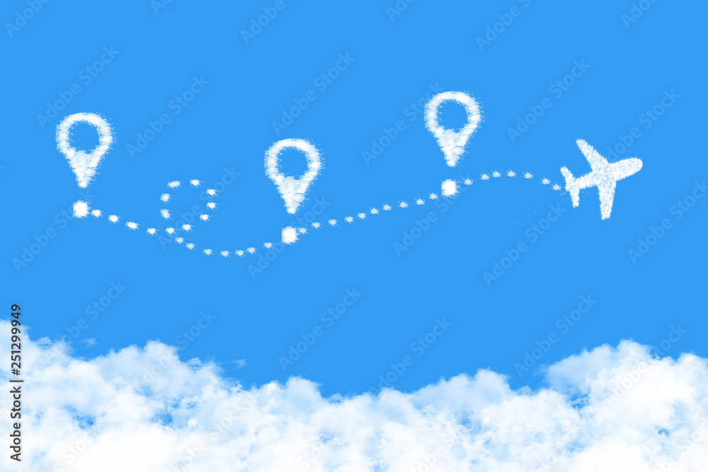 plane shape clouds flight route with start point and dash line trace ...
