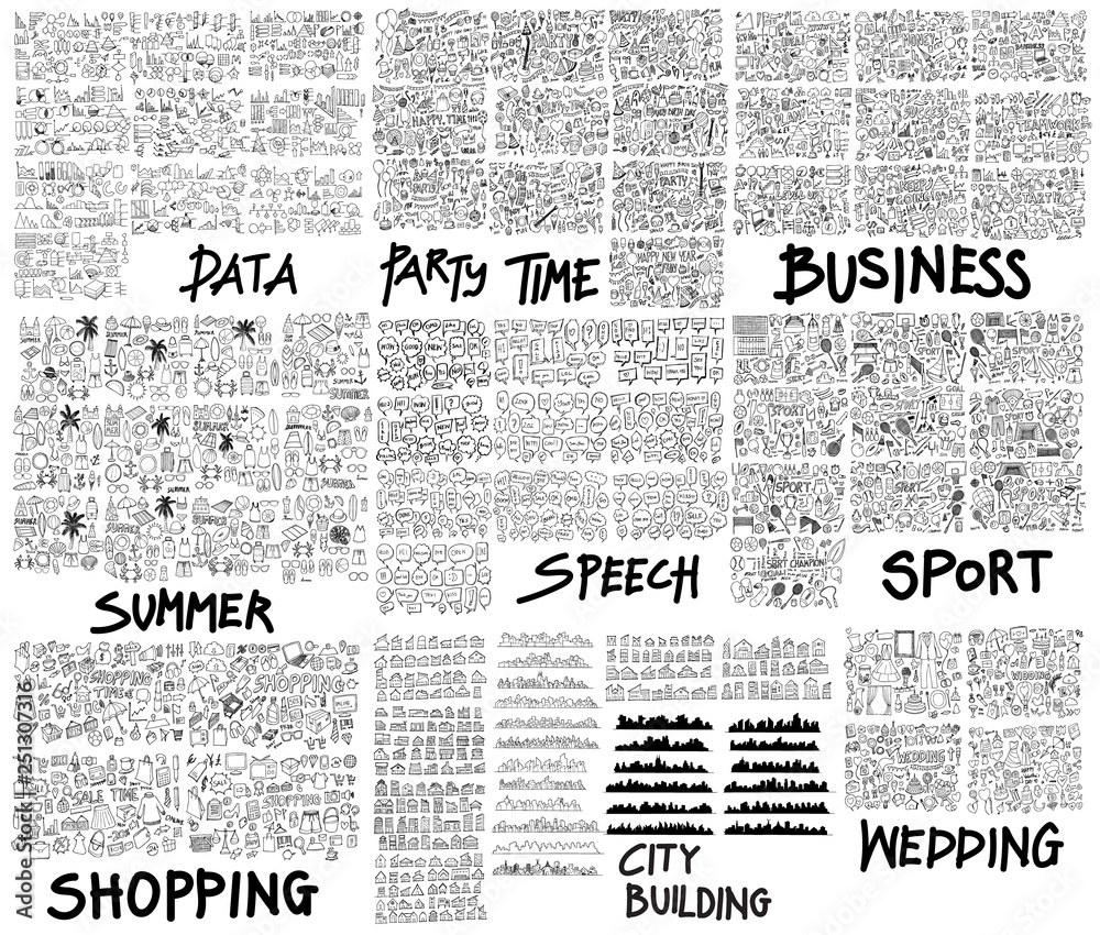 Doodle Vector illustration Big collection of Data, Party, Business ...