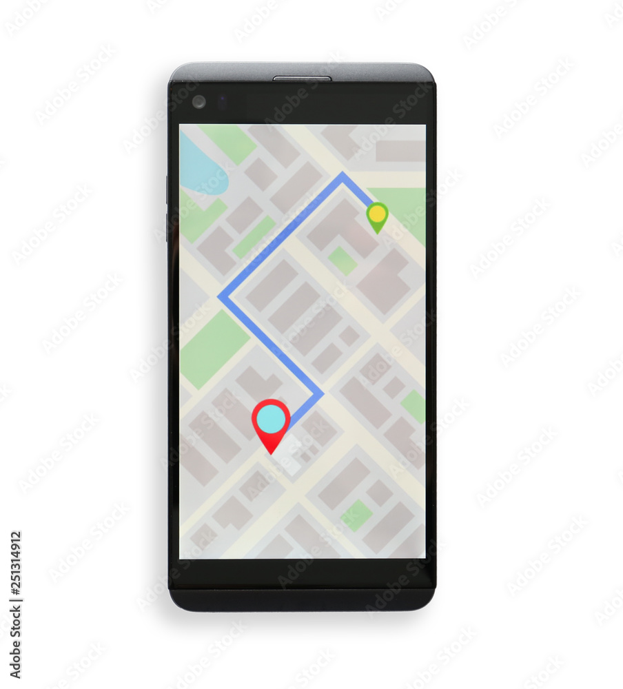 Mobile phone displaying map with route on screen against white ...