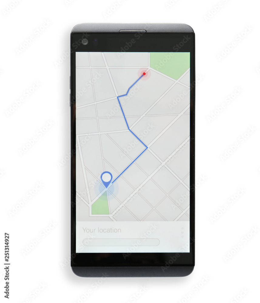 Mobile phone displaying map with route on screen against white ...