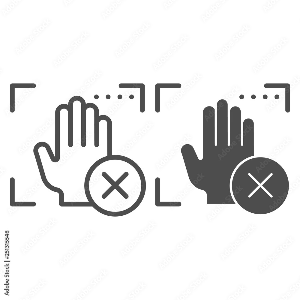 Palm recognition error line and glyph icon. Palmprint access fail ...