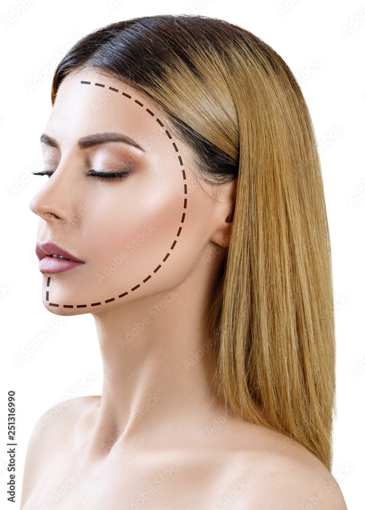 Beautiful female face with dotted line on face oval. Stock Photo ...