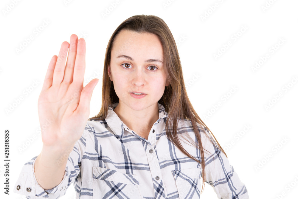 young woman hand sign stop refusal palm Stock Photo | Adobe Stock