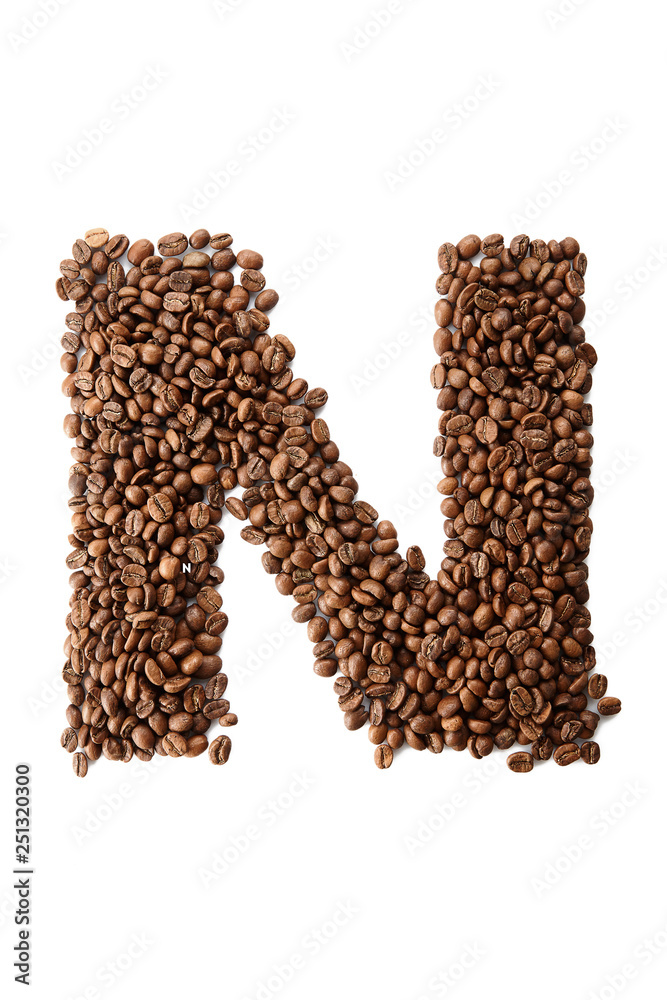 Coffee font alphabet concept isolated on white background. Top view ...