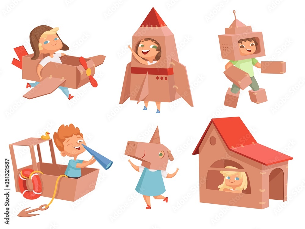 Cardboard kids playing. Childrens games with paper containers making ...