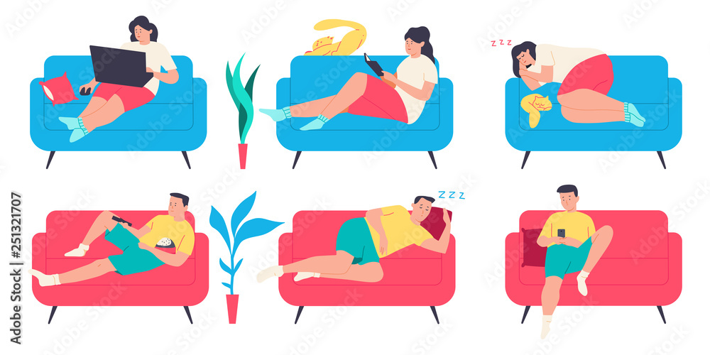 People on the couch. Man, woman and cat character in different poses on ...