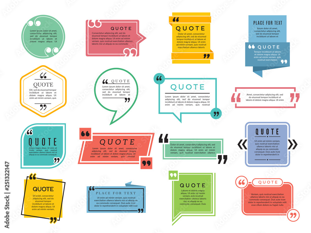 Quotes shapes. Text boxes remark sentences quotes vector typography ...