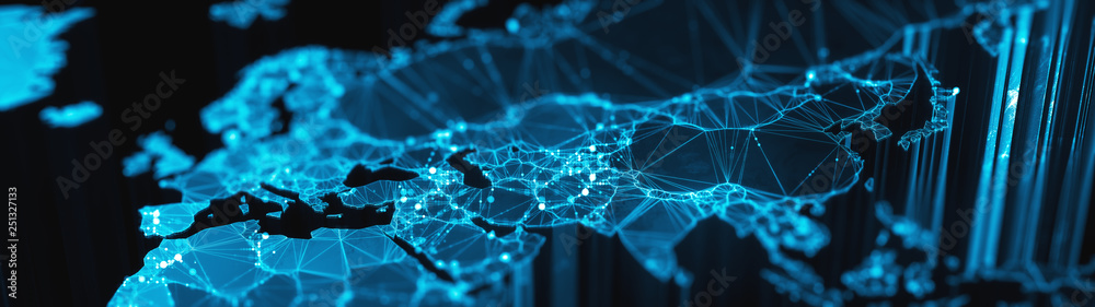 Digital mainlands from space. Cities and countries connected by plexus ...